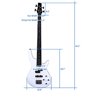 Trlec 4 String GJazz Electric Bass Guitar Full Size Right Handed, with Power Line and Wrench Tool,White
