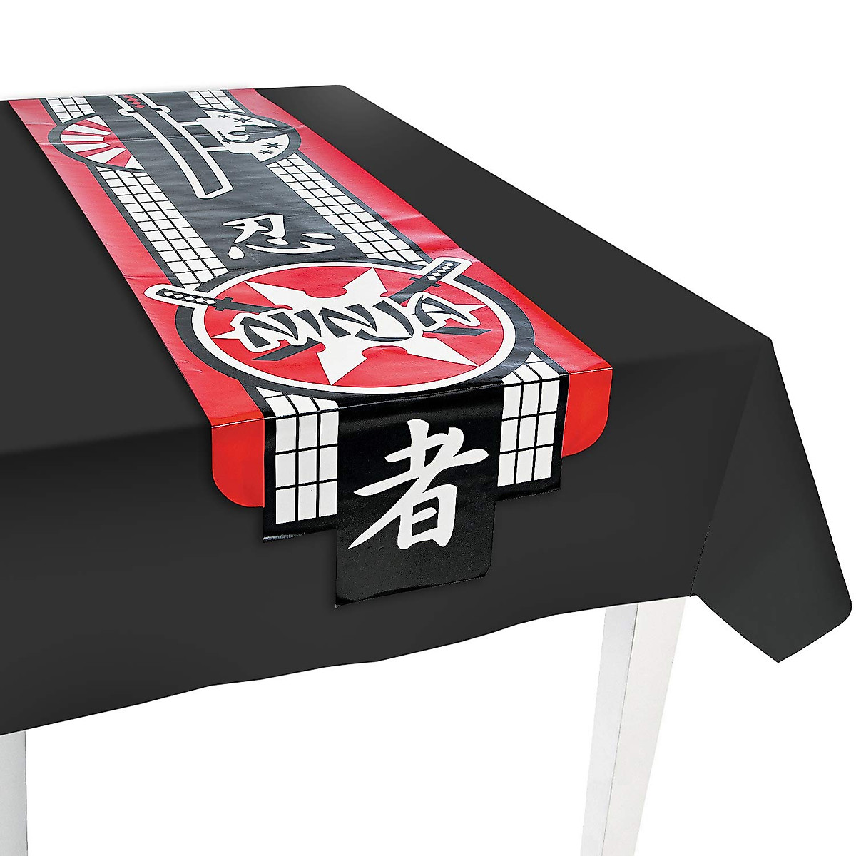 HOME & HOOPLA Ninja Party Supplies - Ninja Warrior Table Runner and Black Tablecover Set for Birthdays and Ninja-Themed Parties