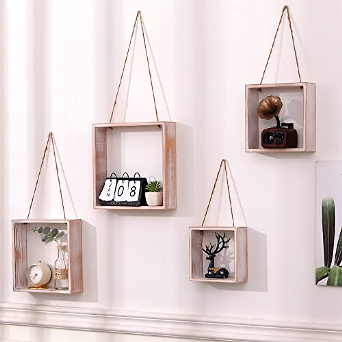 Square Farmhouse Easter Washedwhite Floating Shelves,Wall Mounted Cube Display Shelf Shadow Boxes,Large Wooden Wall Organizer Hanging Shelf,Home Boho Wall Decorations for Living Room Bedroom,Set of 4