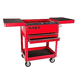 Sunex 8035R Red Compact Slide Utility Cart, Locking Slide Top, Swivel/Locking Casters, 18 Gauge Steel, Latching Drawers, 450-Pound Capacity