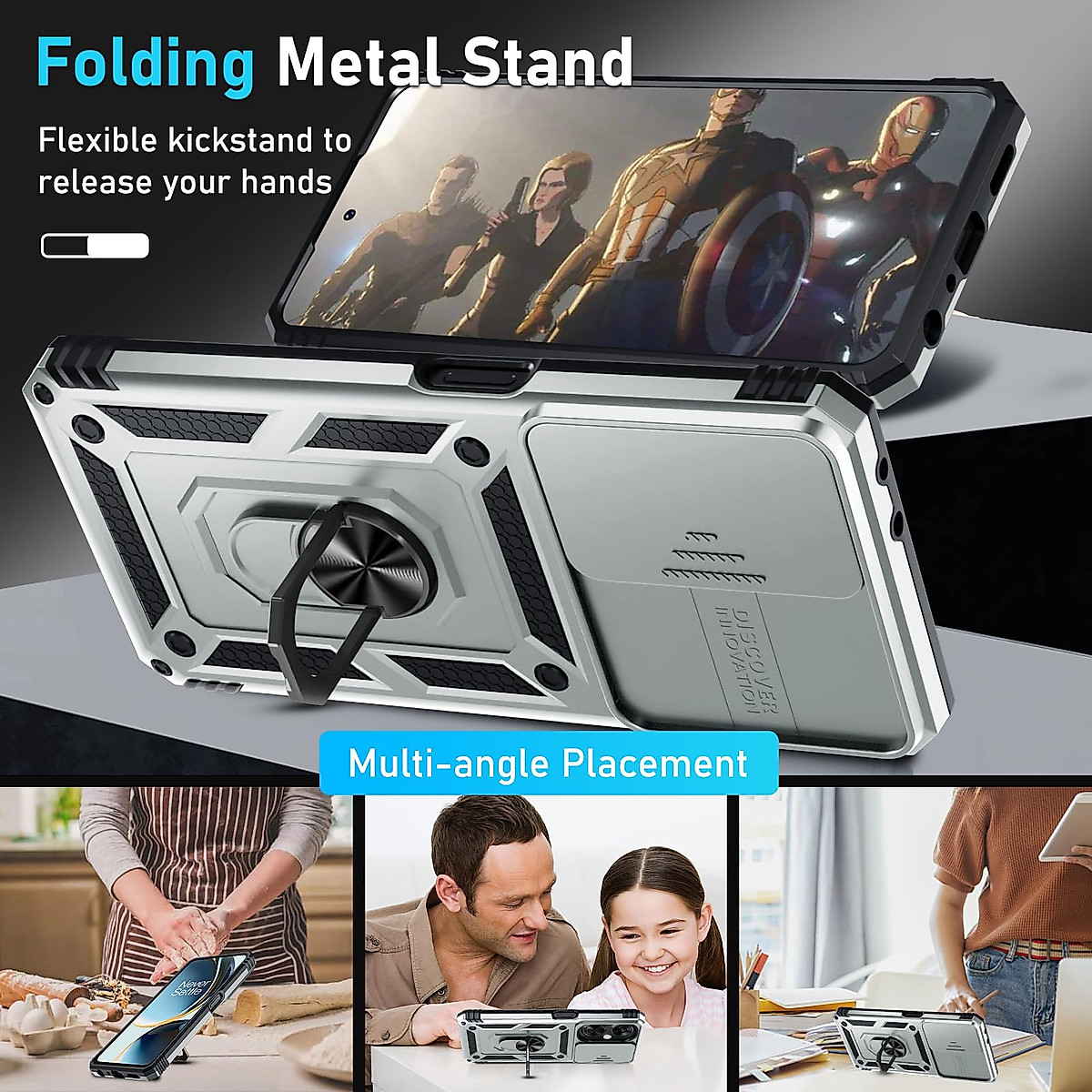 Janmitta Compatible with OnePlus Nord N30 5G Case Built in Slide Camera Lens Cover+Screen Protector+Finger Ring Holder Kickstand,Heavy Duty Shockproof Full Body Protective Phone Cover,2023 Silver