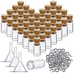 50 Pieces Small Mini Glass Bottles Jars with Cork Stoppers Set, Tiny Cork Glass Bottles with Eye Screws and Small Funnel for Decoration, Art Crafts, DIY Projects, Party Favors (0.5ml)
