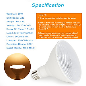 REMINDA Motion Sensor Light Bulbs Outdoor, 15W PAR38 LED Flood Light Bulb, Radar Motion Detector, Dusk to Dawn Sensor, 100 Watt Equivalent, E26 Base, 1500LM, 3000K Warm White, 2 Pack