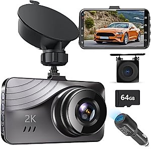 Dash Cam Front and Rear, 2K+720P Dual Dash Camera for Cars with 3'' IPS Screen, Car Camera with Night Vision, Built-in WiFi, Metal Body, G-Sensor, 24H Parking Monitor, Loop Recording, Free 64GB Card