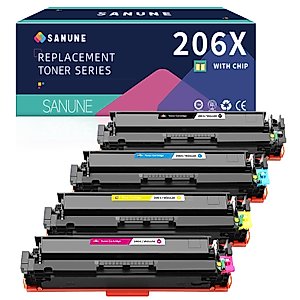 SANUNE 206X with Chip Replacement for HP 206 X 206A Toner Cartridge HP Set 4 Pack W2110X W2111X W2112X W2113X Compatible with HP Color Laser Jet Pro M255 M255dw MFP M283 M283cdw M283fdn M282nw Printer