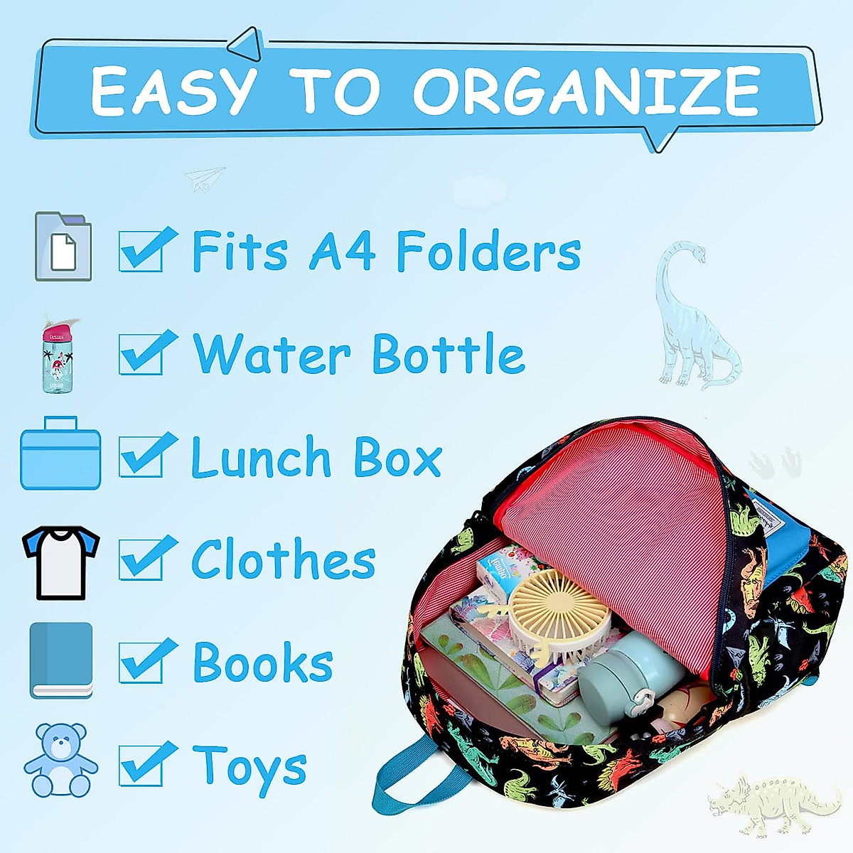 VASCHY Dinosaur Backpack for Boys, Kids Water Resistant Lightweight Backpack for Toddlers Daycare Preschool Blue