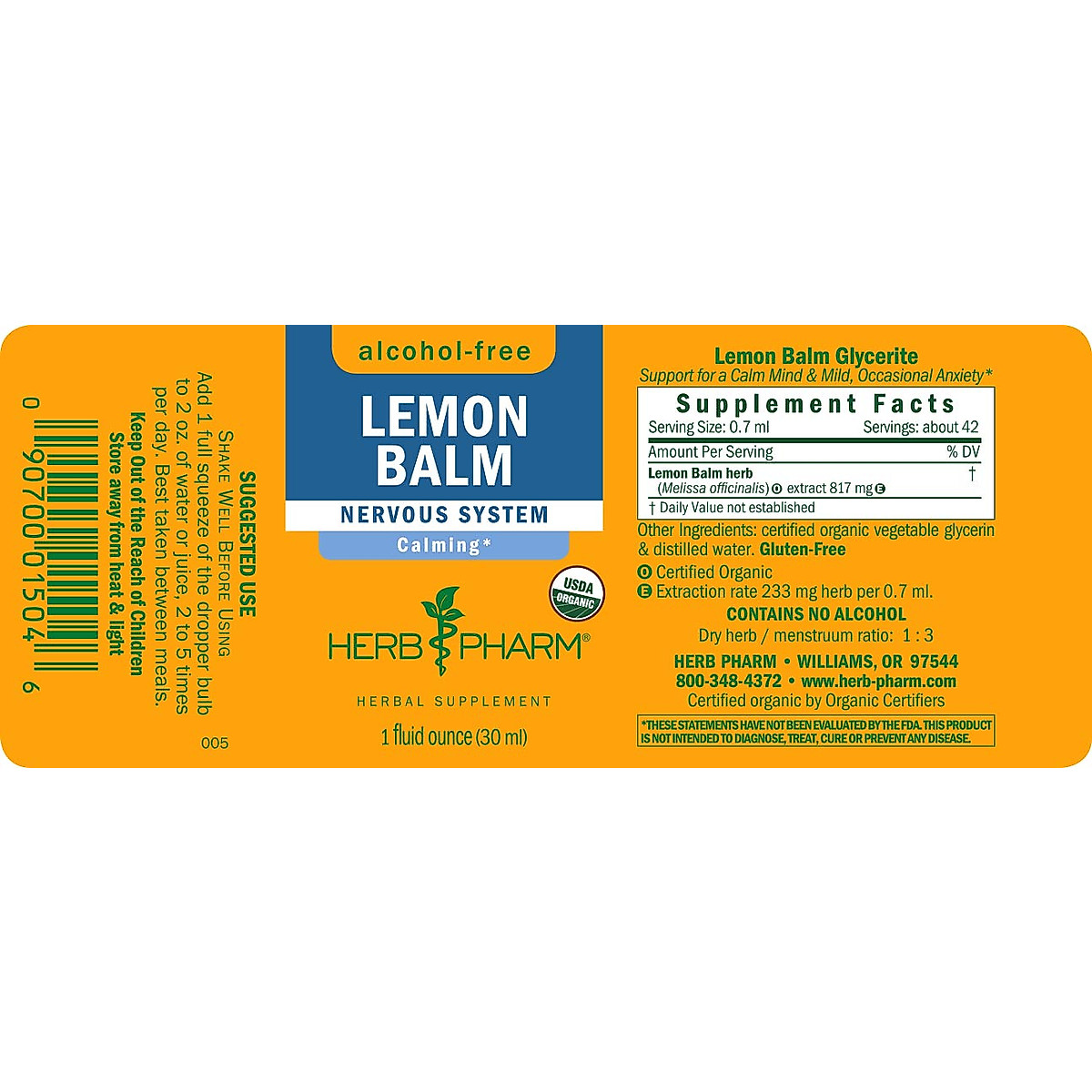 Herb Pharm Certified Organic Lemon Balm Liquid Extract for Calming Nervous System Support, Alcohol-Free Glycerite, 1 Oz