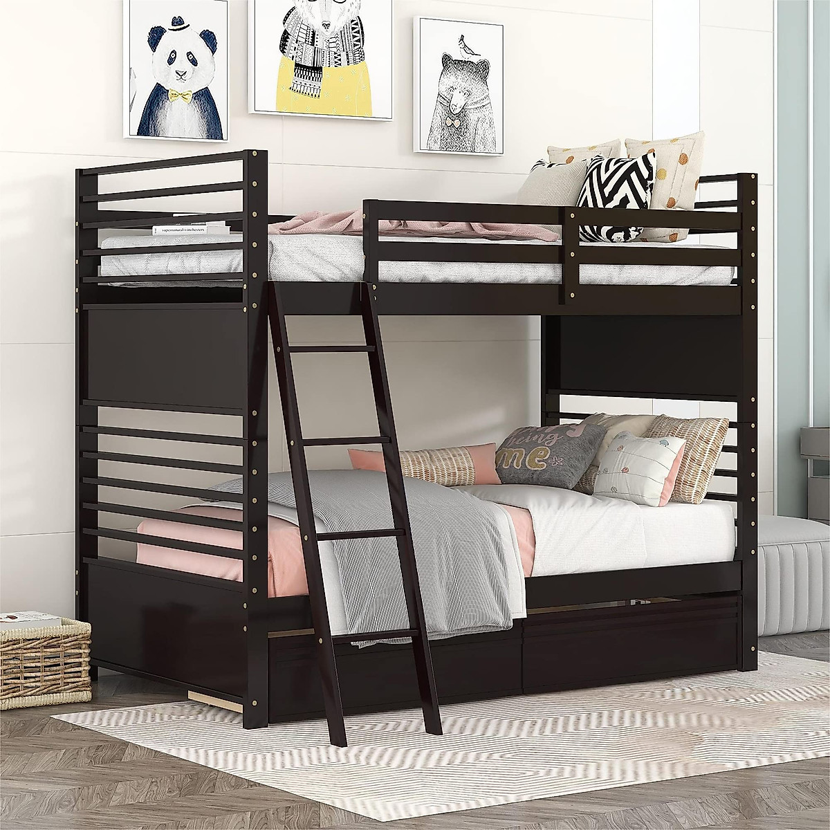 Twin over Twin Bunk Bed with Two Storage Drawers, Solid Wood Bunk Beds with Guardrails and Angle Ladders for Kids Boys Girls Teens, can be Divided into Two Individual Beds (Twin Size, Espresso)