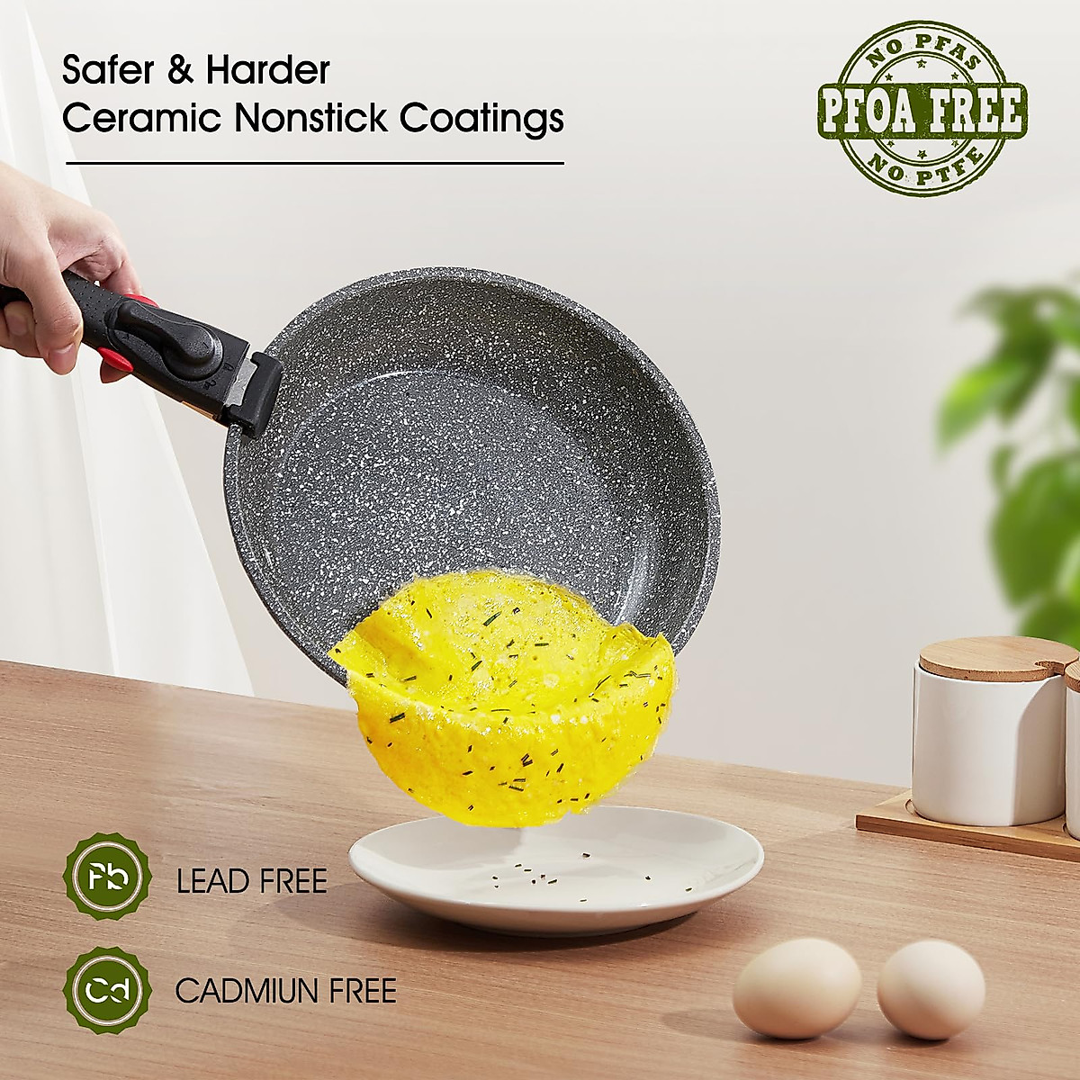 ROSSETTO 7pcs Pots and Pans Set Non Stick from France, Ceramic Cookware Set with Removable Handle, Induction RV Kitchen Cookware Set, Stackable, PFOA and PFAS Free, Oven Safe, Black Granite