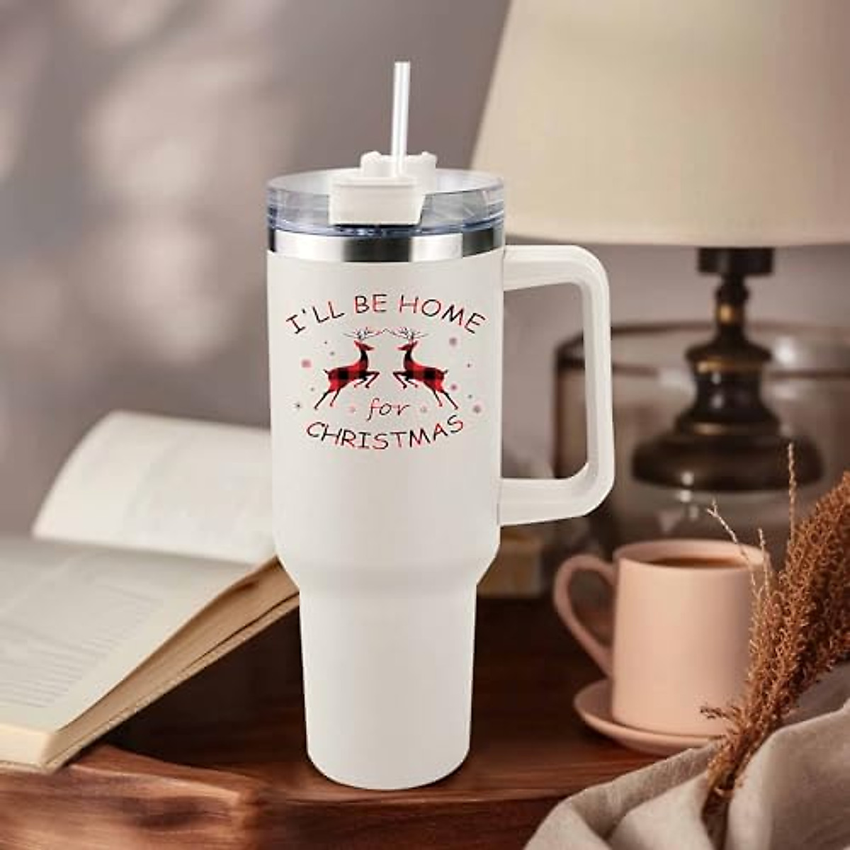 LB LEOBON 40 ounce insulated cup with handle, double-layer vacuum stainless steel material, equipped with straw, can keep warm or maintain cold drinks Reindeer I'll Be Home for Christmas white