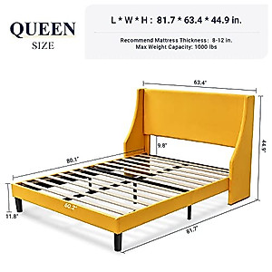 Allewie Queen Bed Frame, Platform Bed Frame Queen Size with Upholstered Headboard, Modern Deluxe Wingback, Wood Slat Support, Mattress Foundation, Light Yellow