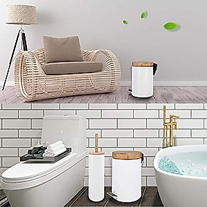 Small Bathroom Trash can with Pedal,Eco Friendly Bamboo lid Soft Close,0.8 Gal/3L .White Steel with Removable Inner bin.Strong &Anti Skid Pedal.Color Box.Unique & Boutique Style