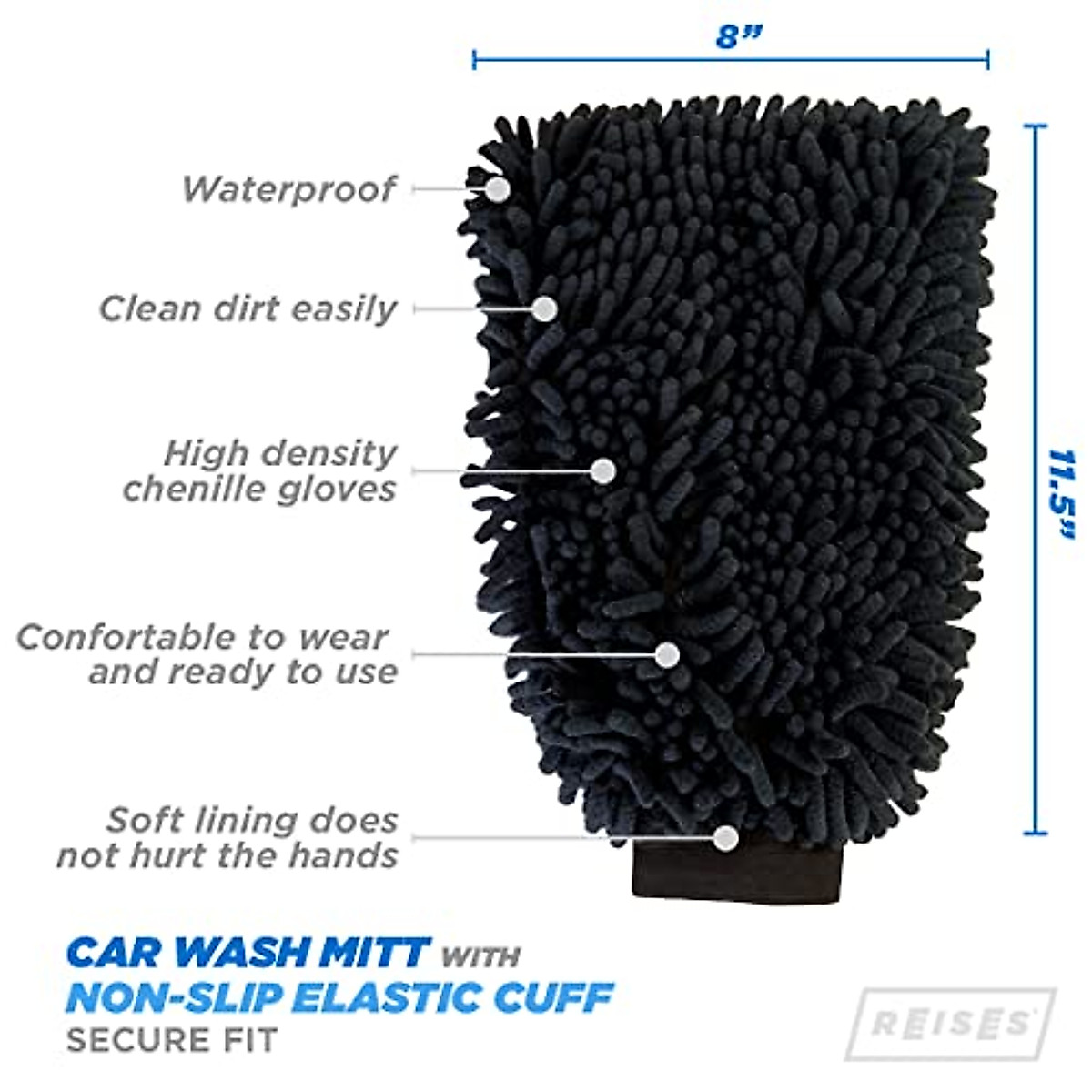 Reises Car Wash Mitt 2 Pack – Car Wash Sponge - Microfiber Wash Mitts for Car Washing - Scratch Free, Highly Absorbent Wash Mitt - Extra Large (Black)