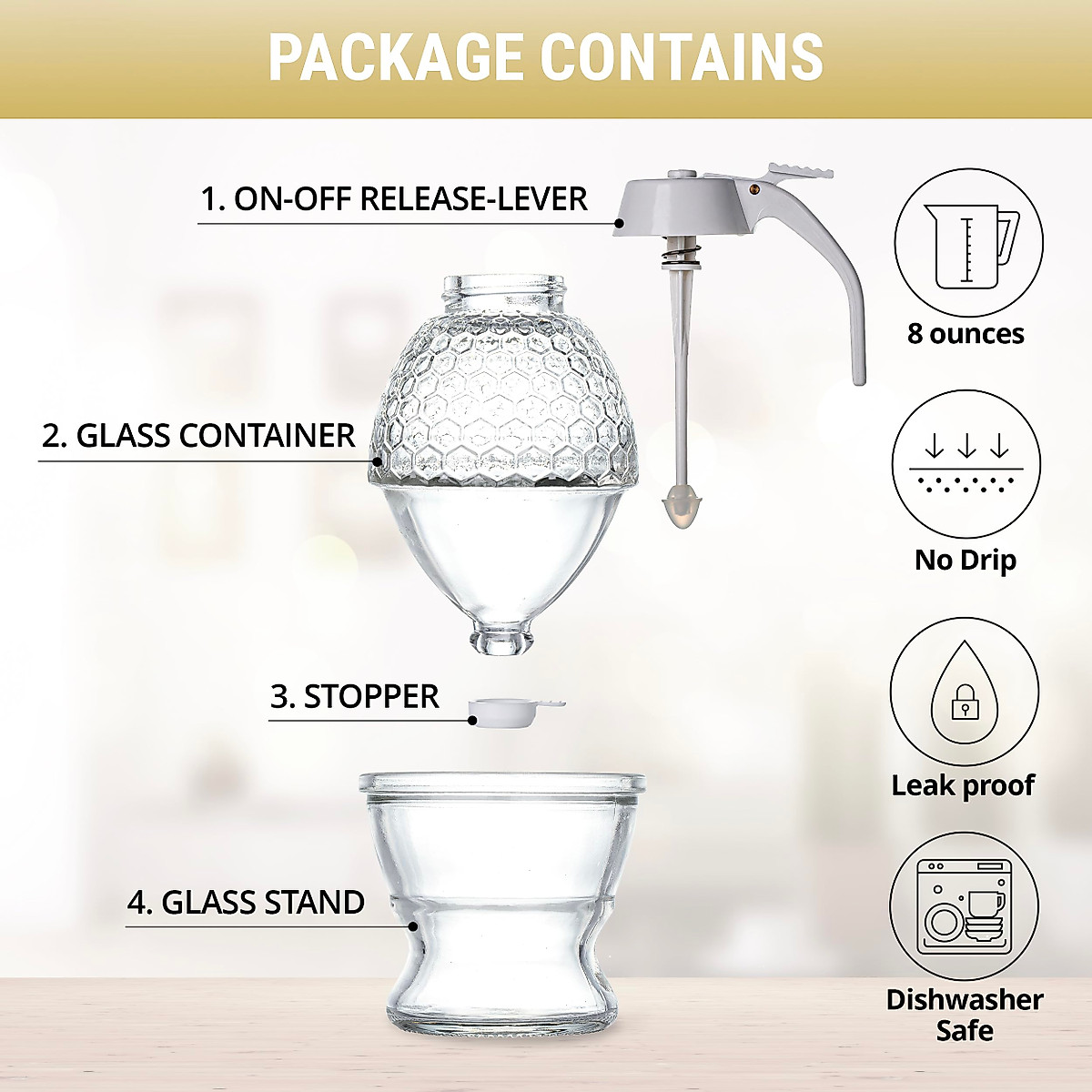 PAULSWAY Glass Honey Dispenser Jar - Premium No Drip Design, Elegant Honeycomb Shape with White Lid - Durable Glass & ABS for Honey and Syrup