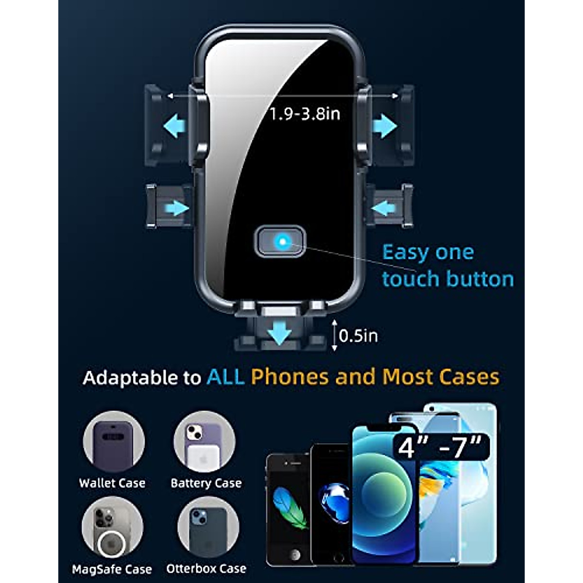 Upgraded Phone Mount for Car,[Easy One Touch Button] Car Phone Holder Mount for Dashboard Windshield Air Vent,Car Accessories for iPhone, All iOS & Android Cell Phone Gifts for Men