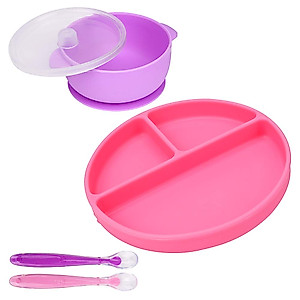 Baby Plate Bowl - Silicone Mini Mat - Super Suction Placemat Bowl with 2 Spoons for Self Feeding, 100% Safe Silicone, Dishwasher and Microwave Safe KingKam