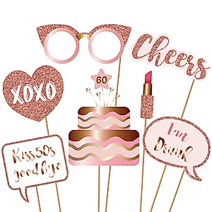 60th Birthday Party Photo Booth Props and Signs, Rose Gold 60 Birthday Party Selfie Props Kit with Sticks for Girls Women, Sixty 60th Happy Birthday Party Decorations Supplies Favors