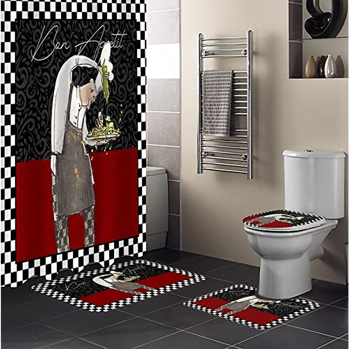 Wohnkutu 4Pcs Bathroom Shower Curtain Set, Kitchen Chef Bathroom Accessory Shower Curtain Rugs Set, Food Black White Checkered Red Retro Non-Slip Bath Mat, Toilet Lid Cover, 66" x 72"+Samll Set