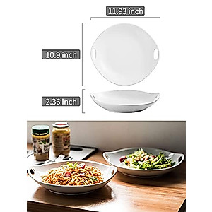 LAUCHUH Porcelain Serving Platter with Handles Serving Bowl Set for Noodles 11.93-inch Porcelain Platter Set Large Dinner Plate for Meat, Salad Set of 2 White