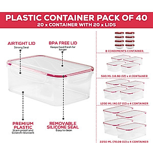 Utopia Kitchen Plastic Food Storage Containers with Lids Airtight - Pack of 40 (20 Containers & 20 Lids)- Reusable & Leftover Food Lunch Boxes - Leak Proof, Freezer & Microwave Safe Rice Containers