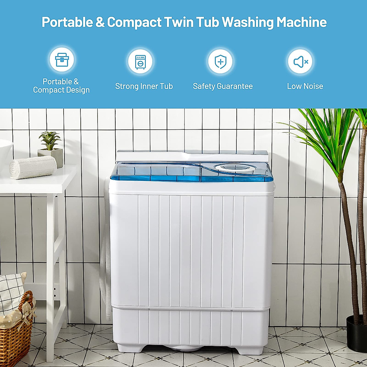 Giantex Washing Machine Semi-automatic, Twin Tub Washer with Spin Dryer, 26lbs Capacity, Built-in Drain Pump, Portable Laundry Washer, Compact Washing Machine for Apartment, Dorm and RV (White+Blue)