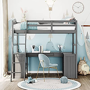 GJHOME Kids Loft Bed with Desk and Drawers, Wooden Twin Loft Bed with Storage Shelves and Angled Ladder, High Loft Bed Frame for Kids, Teens, Adults Boys & Girls, Gray