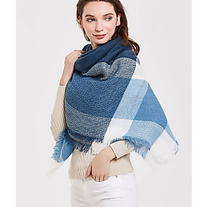 Wander Agio Womens Warm Blanket Scarf Square Winter Shawls Infinity Scarves Stripe Plaid Blue Navy Cyan 2
