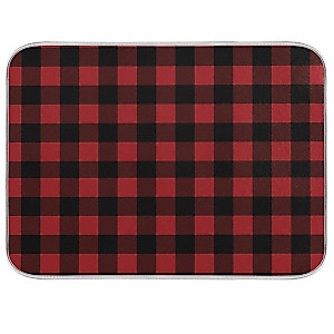 Red and Black Buffalo Plaid Dish Drying Mat 16x18 for Kitchen Merry Christmas Winter Xmas Dishes Pad Dish Drainer Rack Mats Absorbent Fast Dry Kitchen Accessories