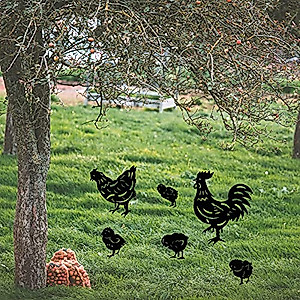6Pcs Chicken Yard Art Garden Metal Statue Decor, Lifelike Rooster Hen Animals Stakes Outdoor Decorations, Black Hollow Out Chickens Family Silhouette Sets for Farmhouse Pathway Lawn (B)