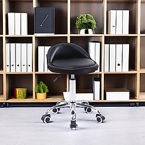 KKTONER PU Leather Round Rolling Stool with Back Rest Height Adjustable Swivel Drafting Work SPA Task Chair with Wheels Black