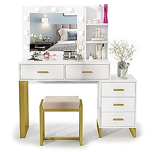 PAKASEPT Vanity Set with Lighted Mirror, Large Desk Makeup Dressing Table 9 LED Lights, 5 Drawers, Storage Shelves&Cushioned Stool for Bedroom, White, 45.51''L * 15.74''W * 51.37 ''H