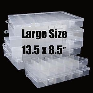 4Pack Large 24 Grids Plastic Organizer Box with Dividers - 24 Compartment Organizer, Clear Tackle Box Organizers and Craft Storage with Adjustable Removable Divider, Fishing Organizer Box for Art DIY