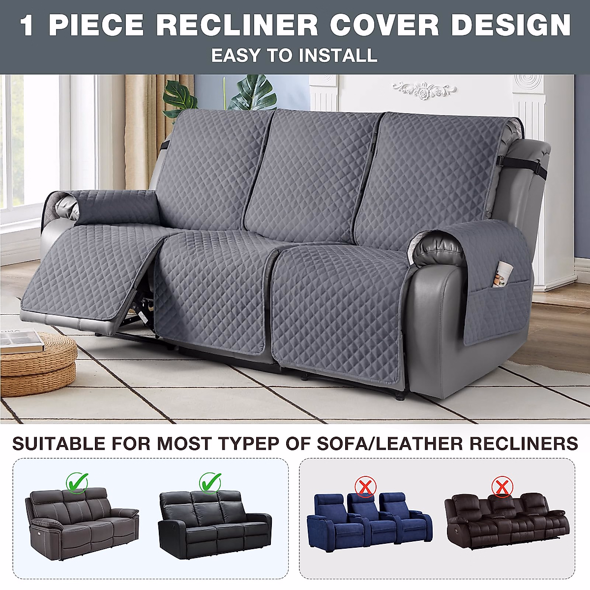 TAOCOCO Anti-Slip Recliner Sofa Cover Couch Covers for Leather Recliner Sofa, Pet Cover for Recliner Sofa, Washable Reclining Furniture Protector with Elastic Straps(3 Seater, Dark Grey)