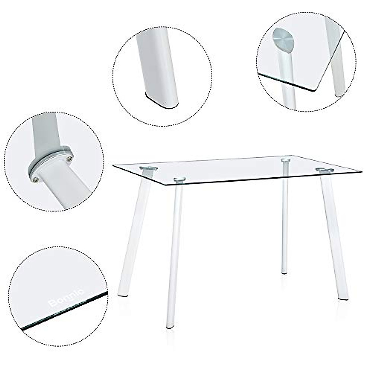 Bonnlo 5 Pieces Dining Table Set,Modern White Dining Room Table Set for 4,Small Kitchen Table and Chairs Set for 4,Glass Dinner Table Set with PU Leather Metal Frame Chairs,Clear&White