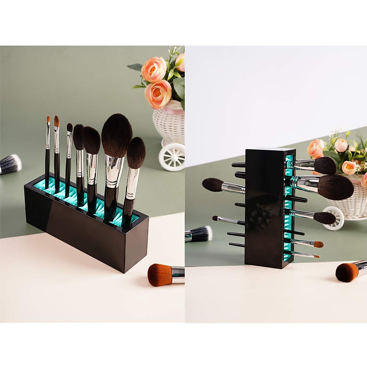 JAMEND CLXP Makeup Brushes Holder Organizer, Silicone Vanity Air Drying Rack Display Storage for Brush, Eyeliners and More, Practical Cosmetic Tools Container (Blue-Black)