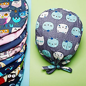 6 Pieces Scrub Caps with Buttons Women Working Cap Adjustable Sweatband Bouffant Hats (Cute Animals)