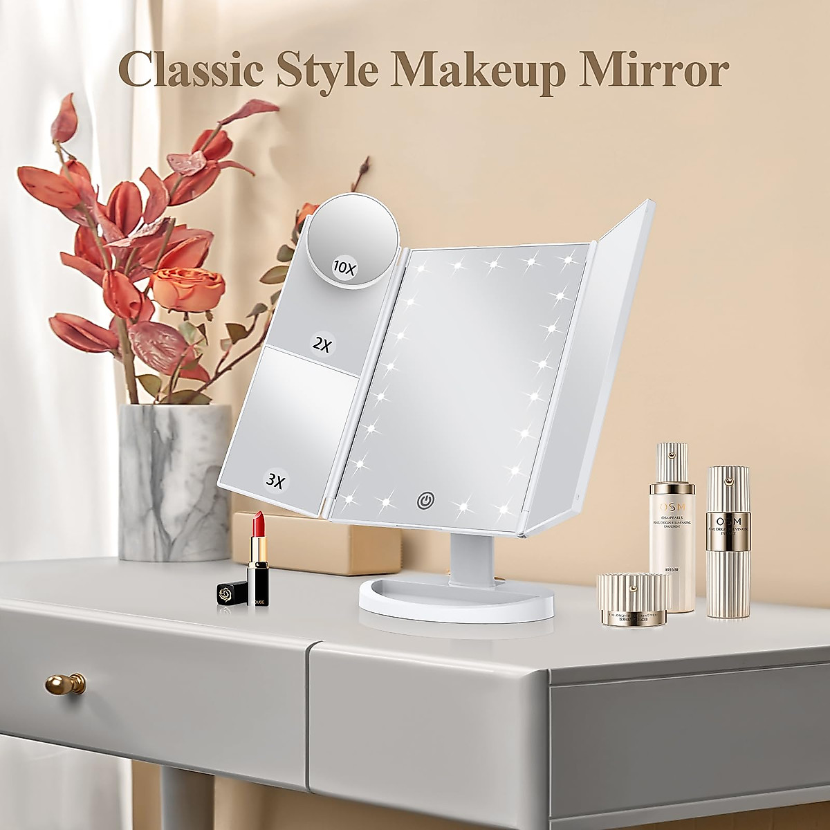 Makeup Mirror Vanity Mirror with Lights, 2X 3X 10X Magnification, Lighted Makeup Mirror, Touch Control, Trifold Makeup Mirror, Dual Power Supply, Portable LED Makeup Mirror, Women Gift (White+10X)
