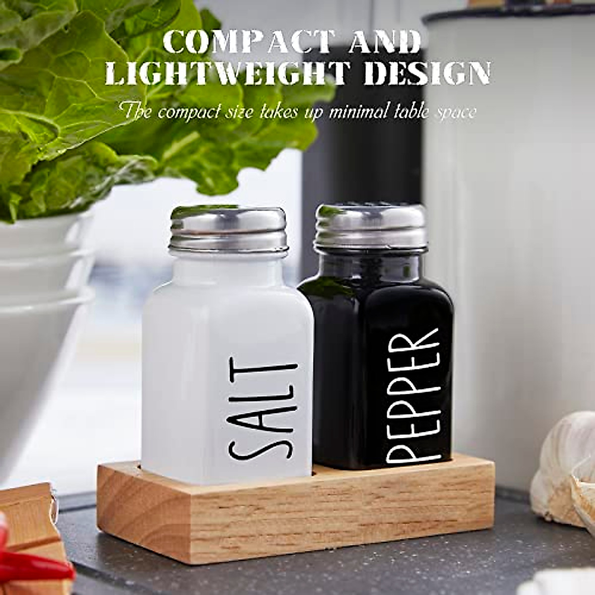 Salt and Pepper Shakers Set with Holder - Dopeca Glass Salt Shaker with Wood Caddy for Kitchen Counter or Table - Black and White Kitchen Decor and Wedding Gifts -2.7 oz