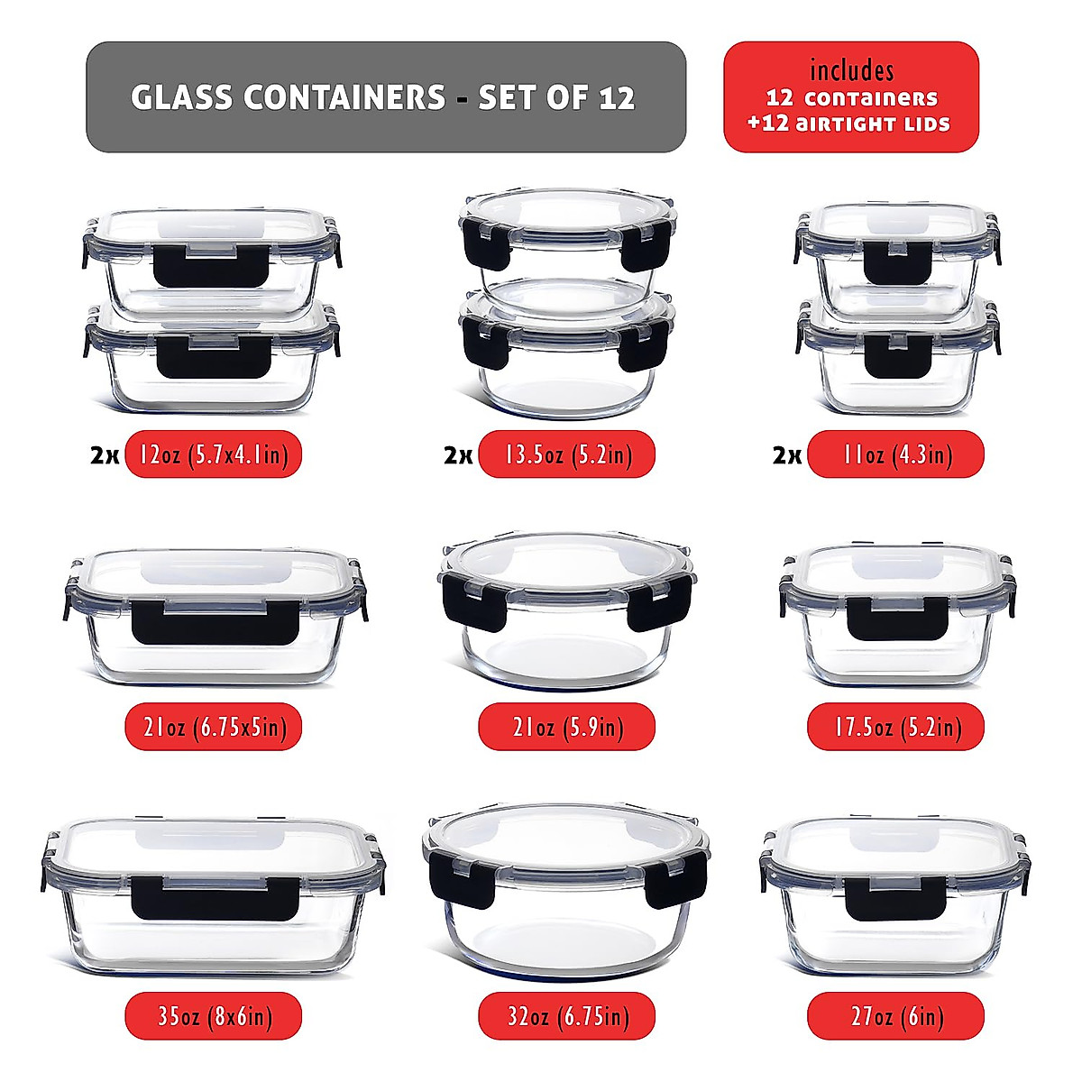 Nestl 24pc (12 Airtight, Freezer Safe Food Storage Containers and 12 Lids), Pantry Kitchen Storage Containers, Glass Meal Prep Container for Lunch, Glass Storage Containers with Lids Black