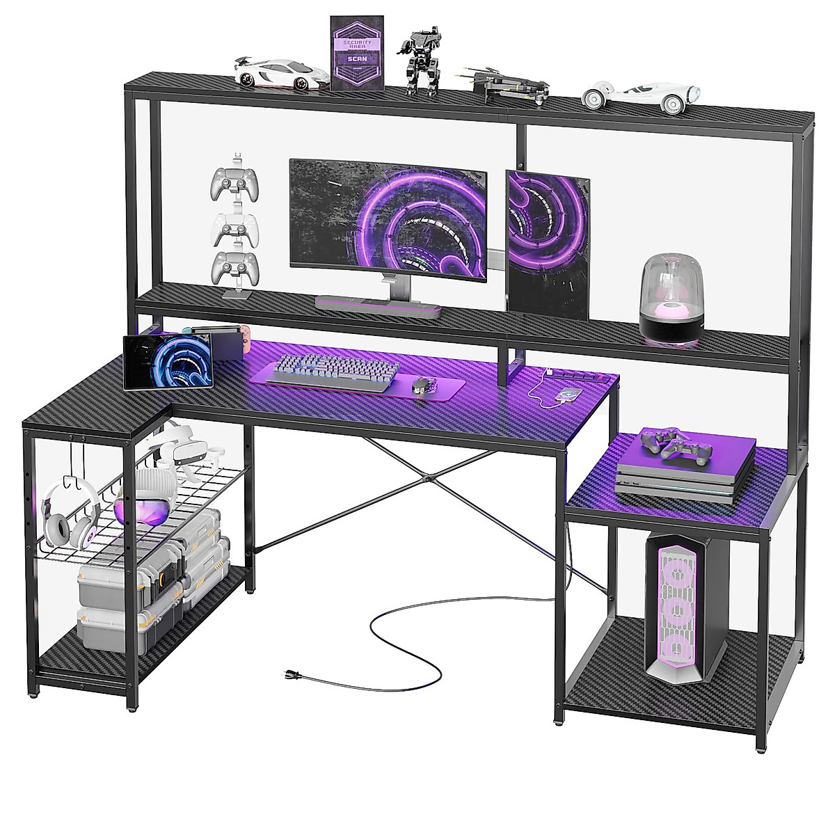 Bestier LED Gaming Desk with Hutch, 71.5 inch L Shaped Computer Desk with Power Outlets, Large Corner Desk Home Office Desk with Monitor Stand and Storage Shelf, Carbon Fiber Black