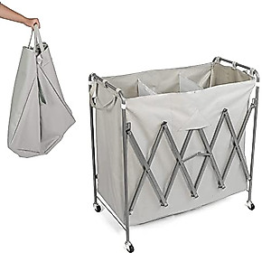 Vilobos Folding 3 Sections Laundry Cart Sorter, Laundry Hamper with Heavy Duty Lockable Wheels, Laundry Basket Organizer Rolling Laundry Basket, Grey