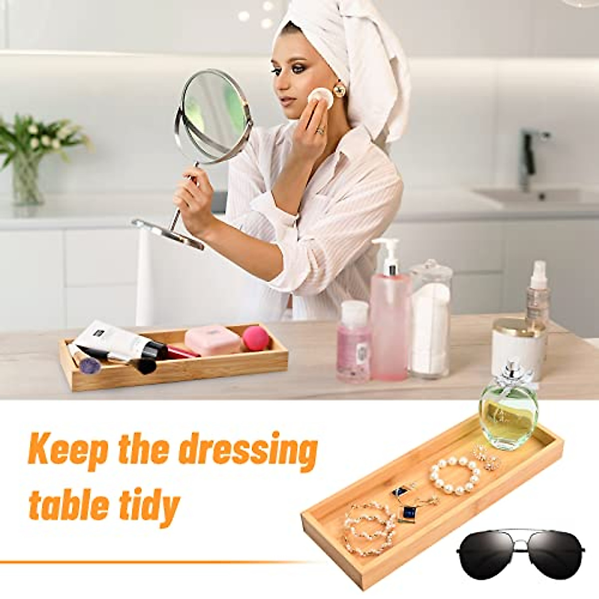 3 Pcs Bamboo Tea Serving Tray, Decorative Multi Use Bathroom Counter Tray with Edges Bamboo Vanity Tray for Dresser Counter Food Coffee Tea Snack Tissues Candles, 11 x 4 Inch