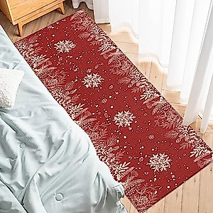 Christmas 2Pcs Kitchen Rugs, Anti Fatigue Kitchen Mat Non Slip Rug Runner Comfort Standing Floor Mats Kitchen Carpet Set for Sink, Laundry - Christmas Snowflakes with Plants Red Texture