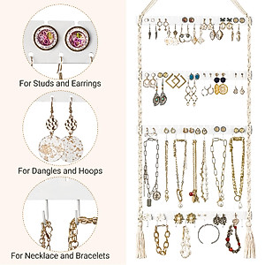 Mkono Hanging Jewelry Organizer Macrame Necklace Holder Wall Mounted Jewelry Hanger Earring Holder Organizer Boho Decor Over Door Jewelry Display Necklace Rack for Necklaces Bracelets Earrings