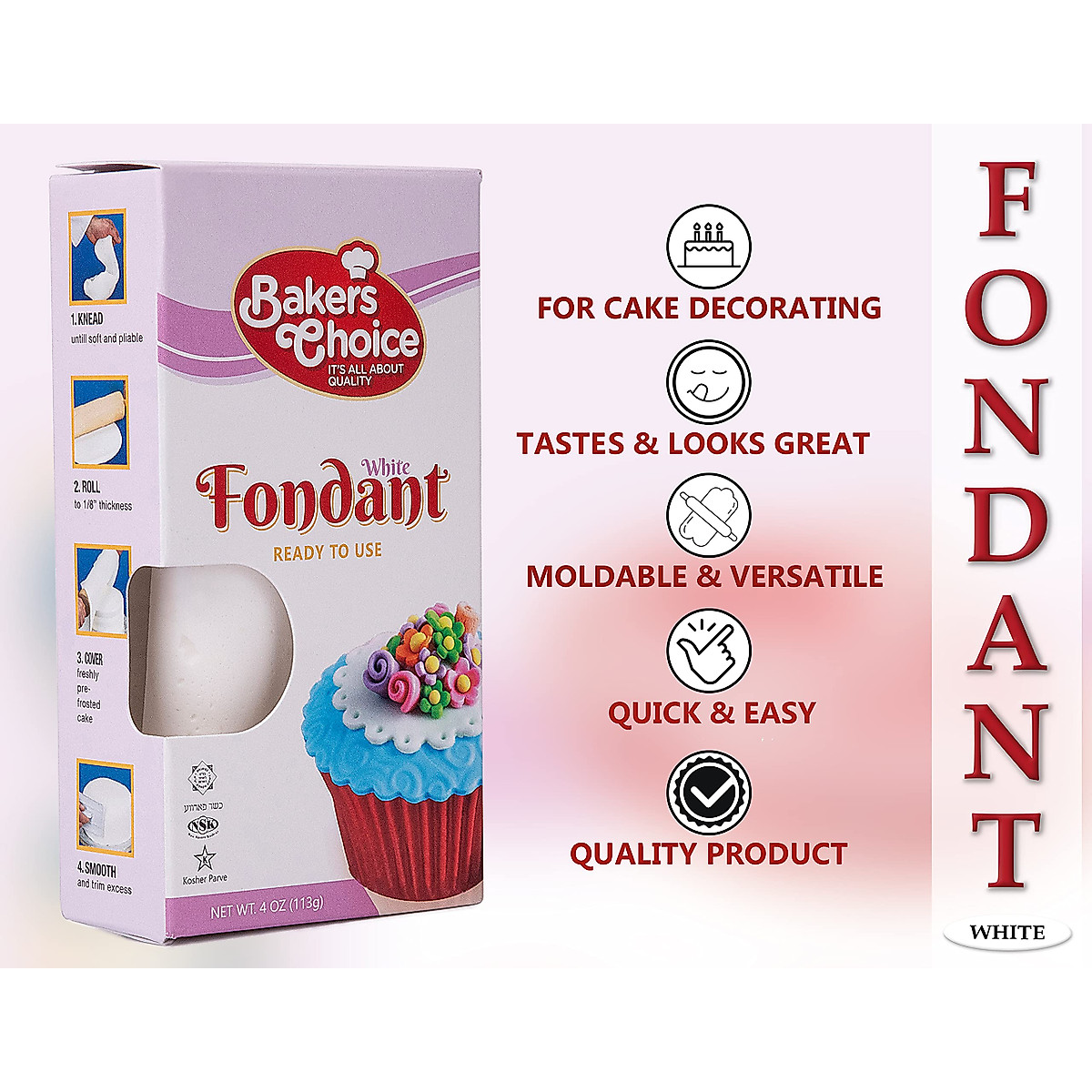 White Fondant Icing - 4 oz. - Ready to Use Cake Decorating Frosting - Easy To Roll, Moldable, Kosher, Dairy Free, and Nut Free - White Fondant For Cakes Cupcakes and Cookies - By Baker’s Choice