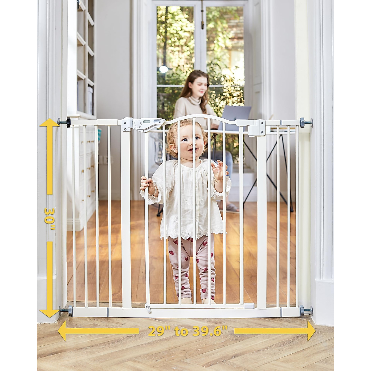 InnoTruth 29-39.6" Baby Gate for Pets, Auto Close Both Sides Dog Gate with One-Hand Opening, 30" Tall Safety Gates for Stairs, Hallways, Bedrooms, Wall Pressure Mount No Drill, White