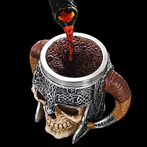 Tlence Stainless Steel Skull Mug, 20 OZ Halloween Viking Drinking Cup, Large Skeleton Resin Beer Stein Tankard with Double Handles, Bar Drinkware Medieval Decoration for Coffee, Tea, Novelty Gifts