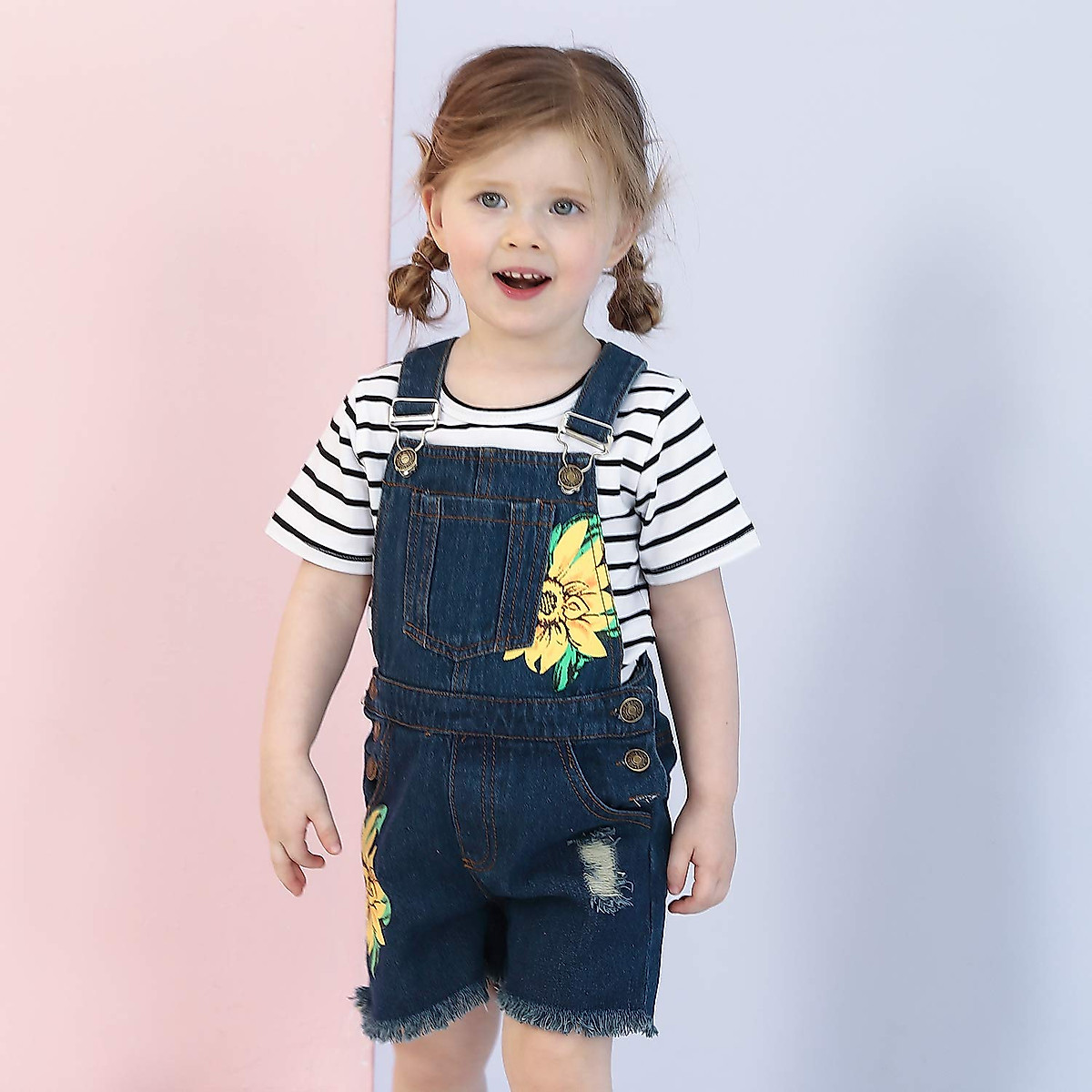HINTINA Baby & Toddler Girls Big Bibs Overalls Ripped Hole Summer Sunflowers Jumpsuit Boyfriend Jeans Denim Romper Shortalls 2-3T