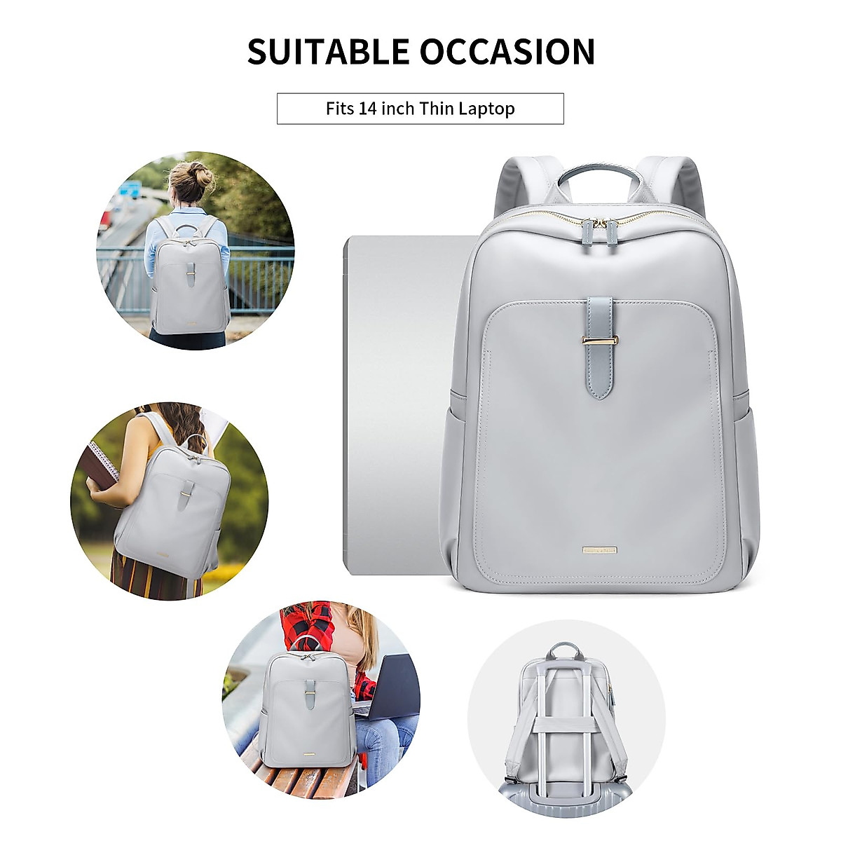 GOLF SUPAGS Laptop Backpack Purse for Women Fits 14 Inch Notebook Casual Daypack Work Travel College Bookbag Fashion Computer Bag (Pale Grey, 14 Inch)