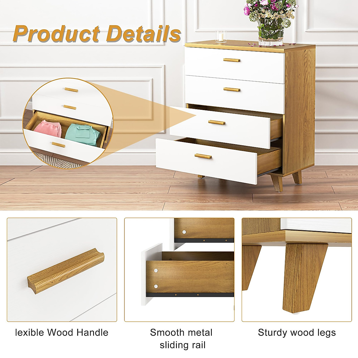 CIPACHO White 4 Drawer Dresser for Bedroom, Modern Wood Storage Chest of Drawers for Nursery, Living Room,Kid Room (4 Drawer)